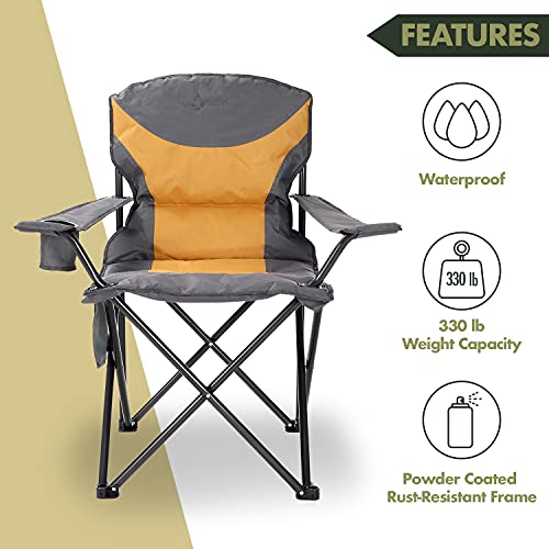 ARROWHEAD OUTDOOR Portable Folding Camping Quad Chair w/Added Ultra-Comfortable Padding, Cup-Holder, Heavy-Duty Carrying Bag, Padded Armrests, Supports up to 330lbs, USA-Based Support (Tan & Gray)