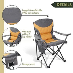 ARROWHEAD OUTDOOR Portable Folding Camping Quad Chair w/Added Ultra-Comfortable Padding, Cup-Holder, Heavy-Duty Carrying Bag, Padded Armrests, Supports up to 330lbs, USA-Based Support (Tan & Gray)