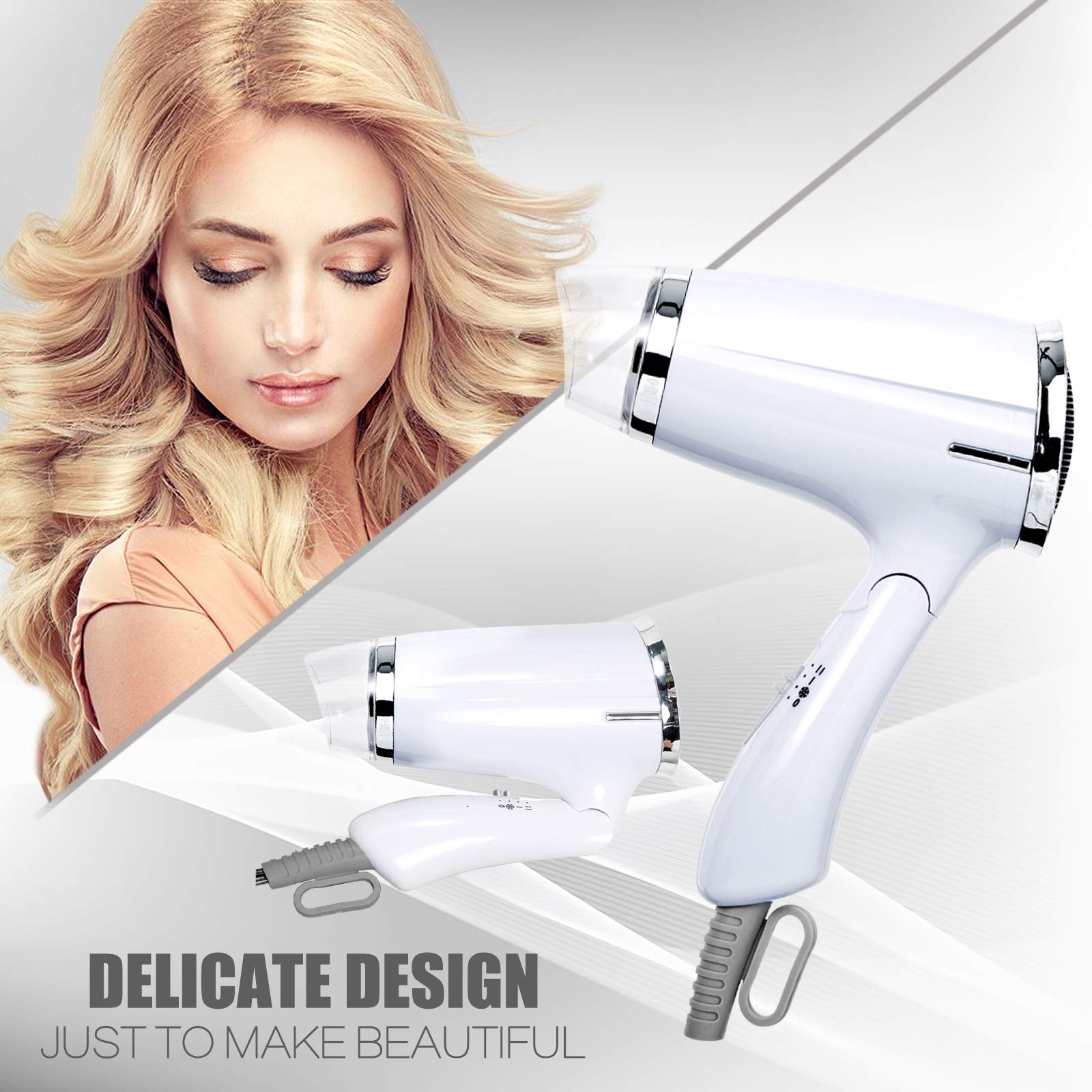 Lightweight Small Compact Hair Dryer with Folding Handle, Mini Travel Hair Dryer, Professional Salon Negative Ionic Folding Blow Dryer 3 Settings (White)