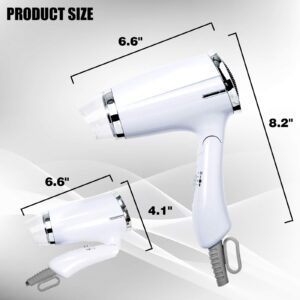 Lightweight Small Compact Hair Dryer with Folding Handle, Mini Travel Hair Dryer, Professional Salon Negative Ionic Folding Blow Dryer 3 Settings (White)