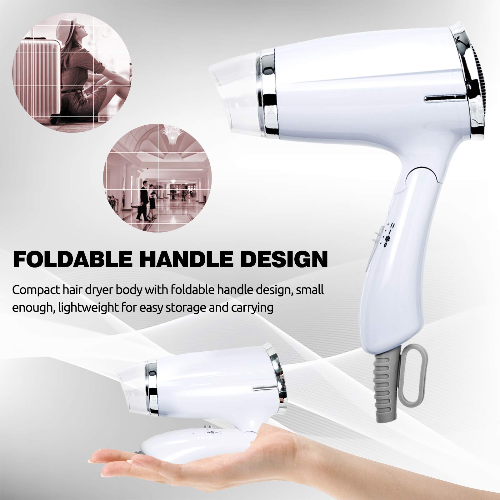 Lightweight Small Compact Hair Dryer with Folding Handle, Mini Travel Hair Dryer, Professional Salon Negative Ionic Folding Blow Dryer 3 Settings (White)