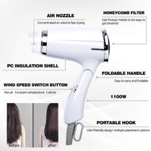 Lightweight Small Compact Hair Dryer with Folding Handle, Mini Travel Hair Dryer, Professional Salon Negative Ionic Folding Blow Dryer 3 Settings (White)