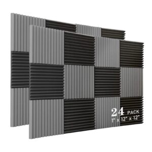 foucarsi 24 pack acoustic foam panels,studio soundproofing foam, 1" x 12" x 12", studio foam wedges,sound proof padding (black+grey)