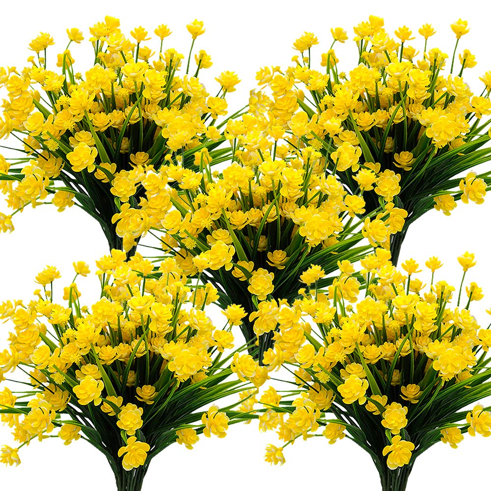 Grunyia Artificial Flowers Outdoor UV Resistant Fake Plants Indoor Outside Hanging Planter Home Garden Decor, 10 Bundles (Yellow)