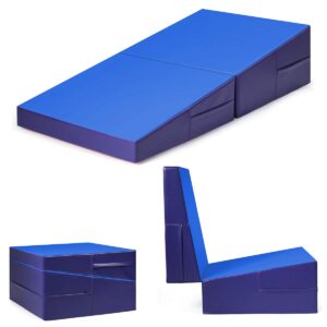 giantex incline gymnastics mat wedge folding and non-folding gymnastics gym fitness skill shape tumbling mat for kids play home exercise aerobics (blue/purple 60"x30"x14")