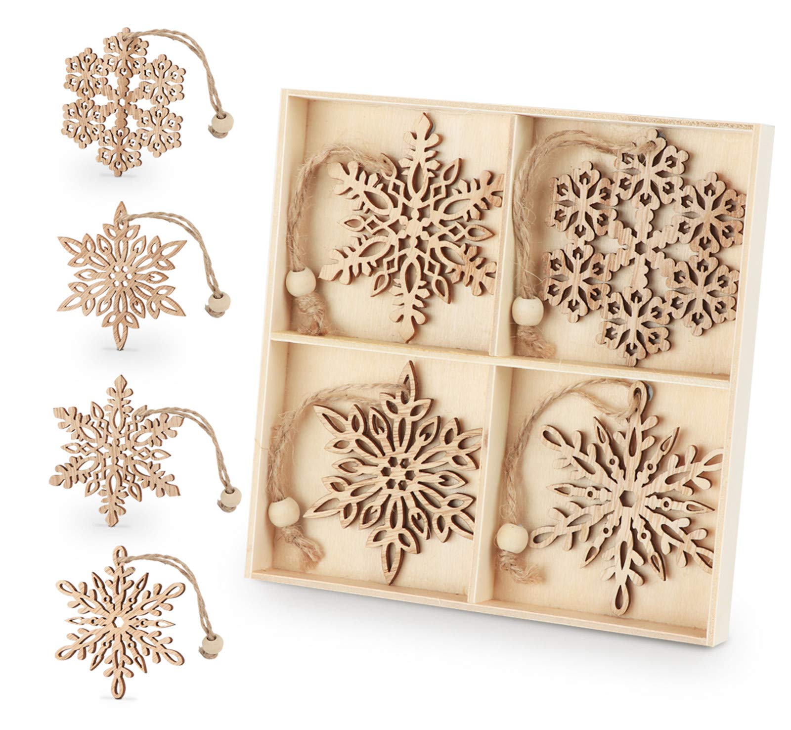 ilauke 12pcs Wooden Snowflakes Decorations 3 inch Christmas Ornaments Wood Hanging Ornament Rustic Farmhouse Christmas Craft Supplies