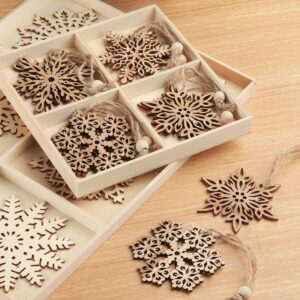 ilauke 12pcs Wooden Snowflakes Decorations 3 inch Christmas Ornaments Wood Hanging Ornament Rustic Farmhouse Christmas Craft Supplies