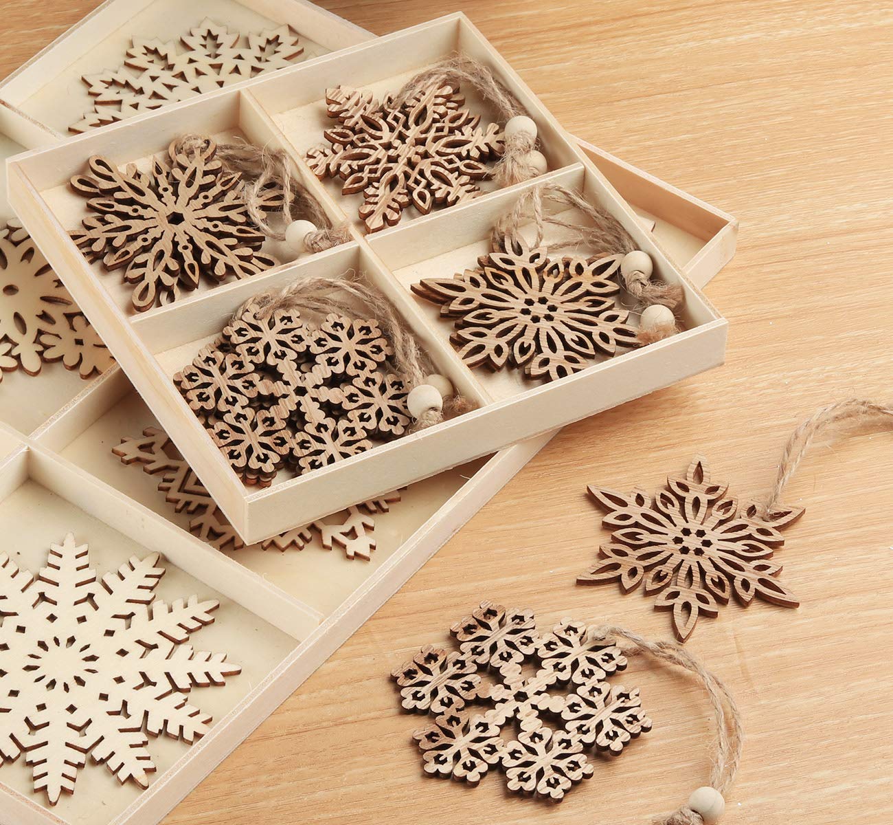 ilauke 12pcs Wooden Snowflakes Decorations 3 inch Christmas Ornaments Wood Hanging Ornament Rustic Farmhouse Christmas Craft Supplies