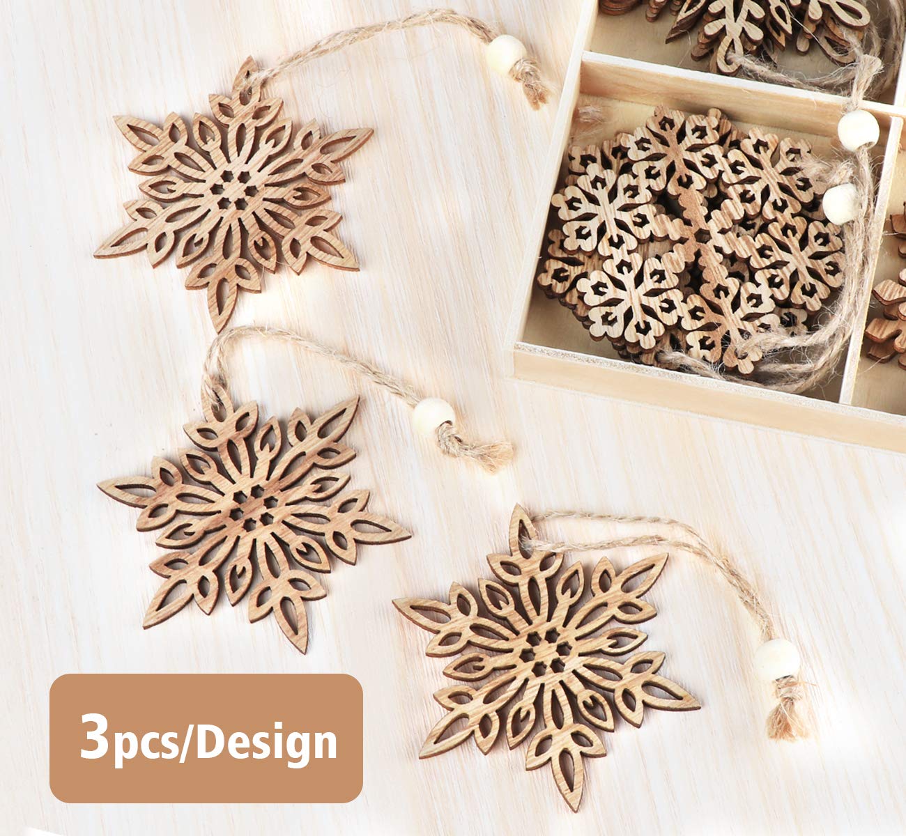 ilauke 12pcs Wooden Snowflakes Decorations 3 inch Christmas Ornaments Wood Hanging Ornament Rustic Farmhouse Christmas Craft Supplies