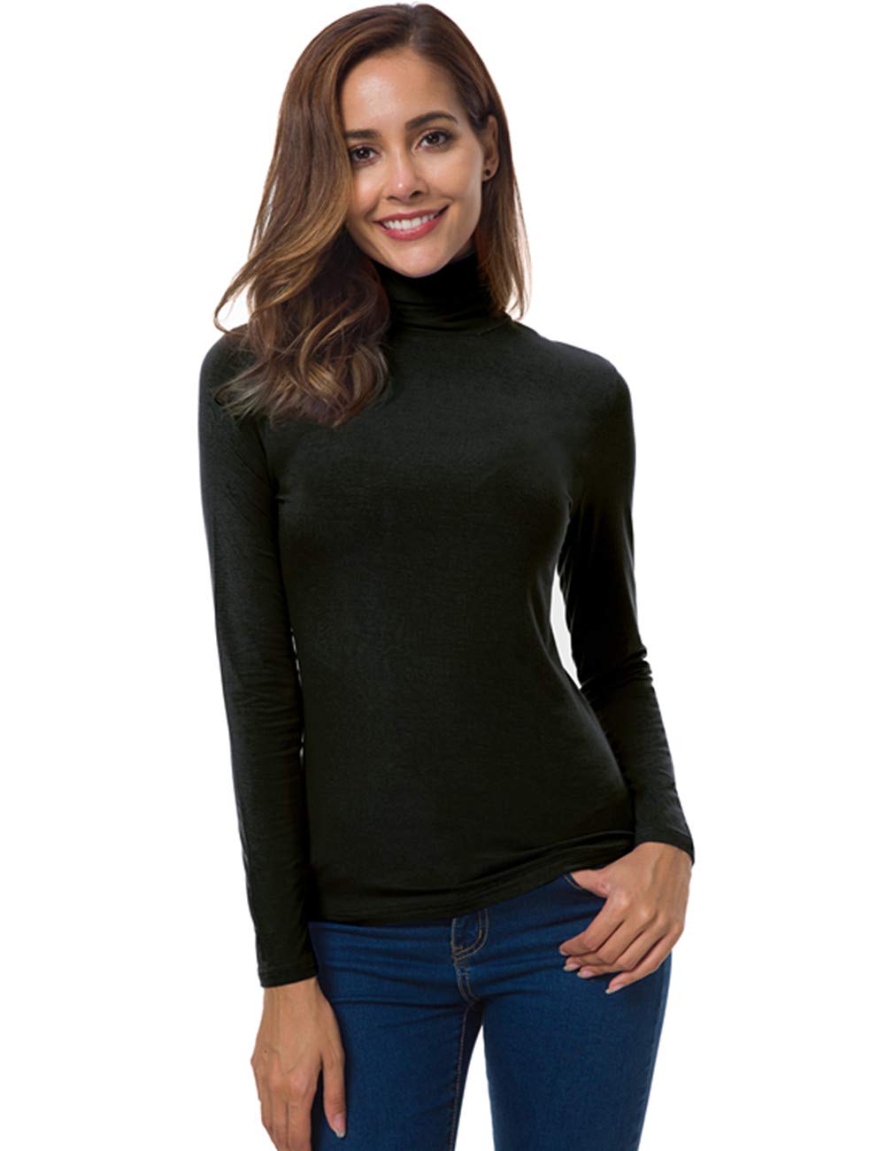 Black Turtleneck Womens Long Sleeve Fitted Tops Lightweight Slim Active Pullover Shirt Black Medium