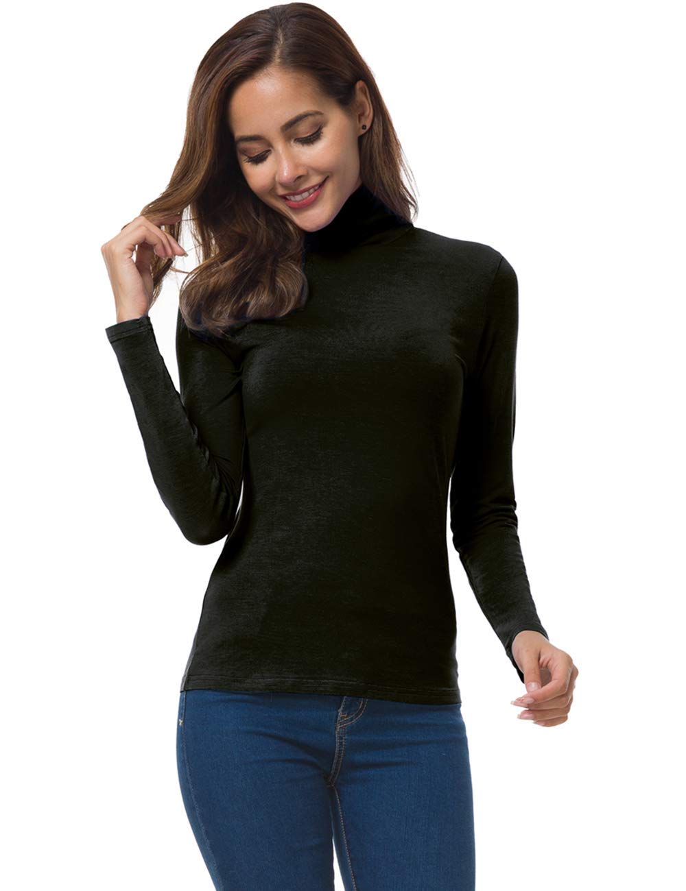 Black Turtleneck Womens Long Sleeve Fitted Tops Lightweight Slim Active Pullover Shirt Black Medium