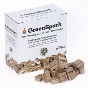 greenspark firestarters square 160 pcs natural fire starters for grill, smoker, pizza oven, bbq, wooden & pellet stove, fire pit, long burn, waterproof,all weather, safe for indoor/outdoor use