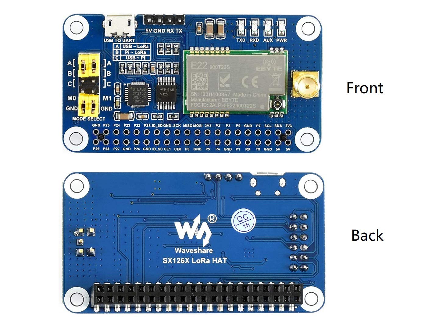 SX1262 LoRa HAT for Raspberry Pi Series Boards 915MHz Frequency Band,Support Data Transmission up to 5km,Wake on Radio,Wireless Config, Carrier Sensing, Communication Key