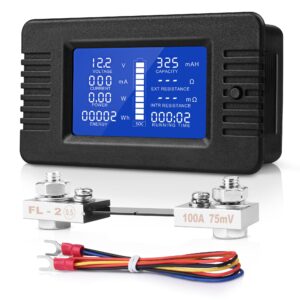 mnj motor dc 9 in 1 battery monitor meter with shunt, 0-200v 0-100a lcd display digital current voltage power energy meter, easy installation multimeter voltmeter ammeter for cars rv solar system