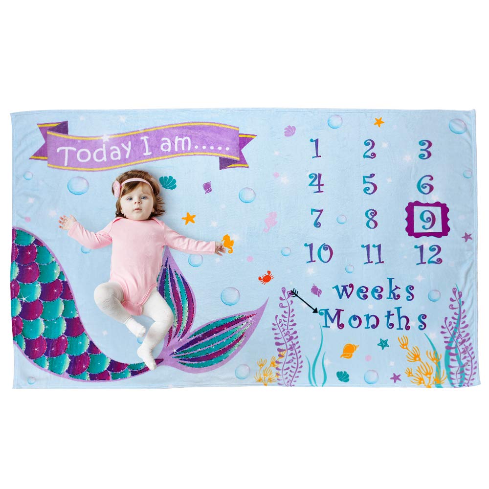 WERNNSAI Mermaid Baby Milestone Blanket - Fleece Weekly Monthly Blankets for Girls Newborn Infant Baby Shower Birthday Xmas Gift Photography Background Prop, 60” × 40”