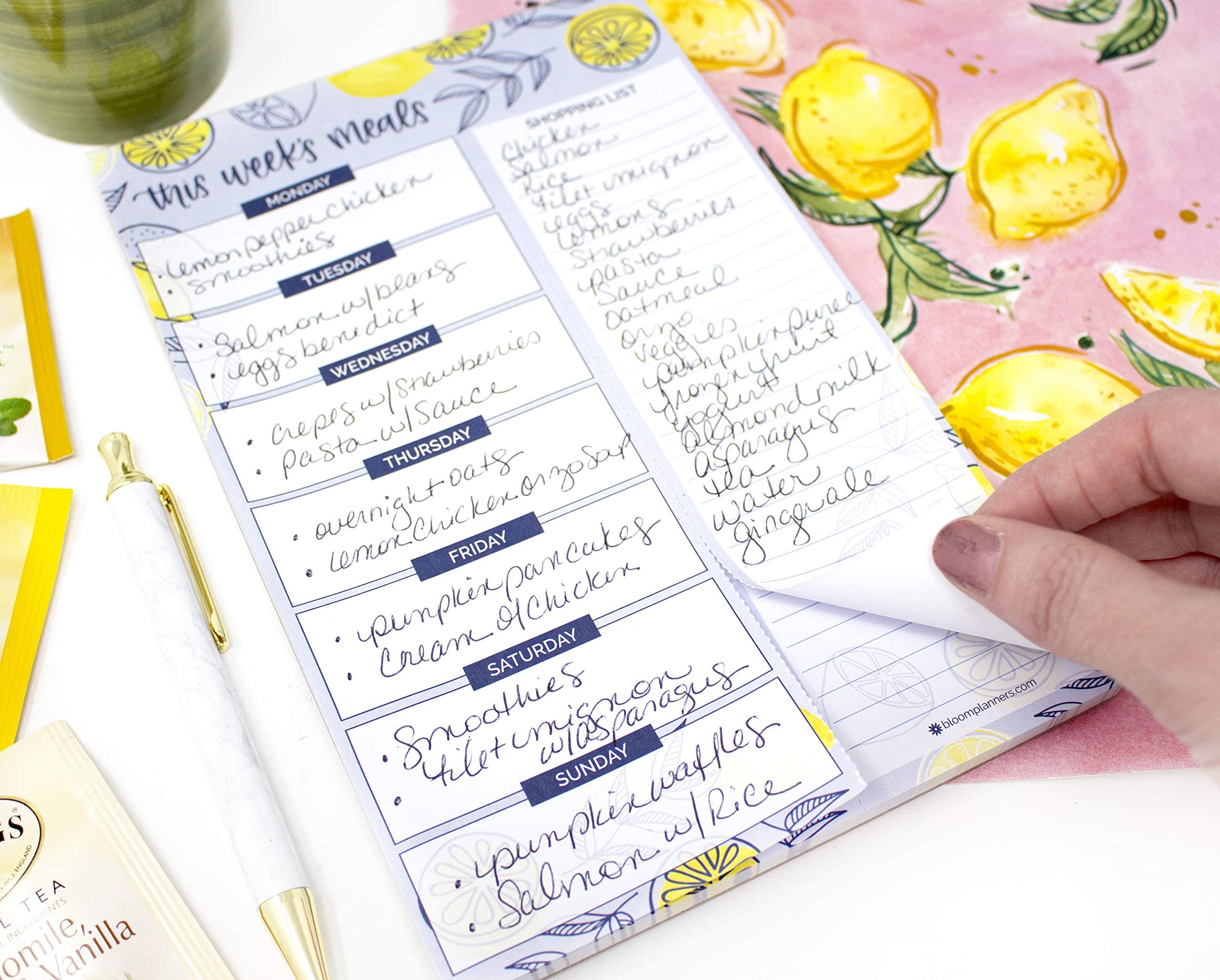 bloom daily planners Weekly Magnetic Meal Planning Pad for Fridge with Tear-Off Grocery Shopping List - Hanging Food/Menu Organizer Notepad with Magnets - 6” x 9" - Lemons