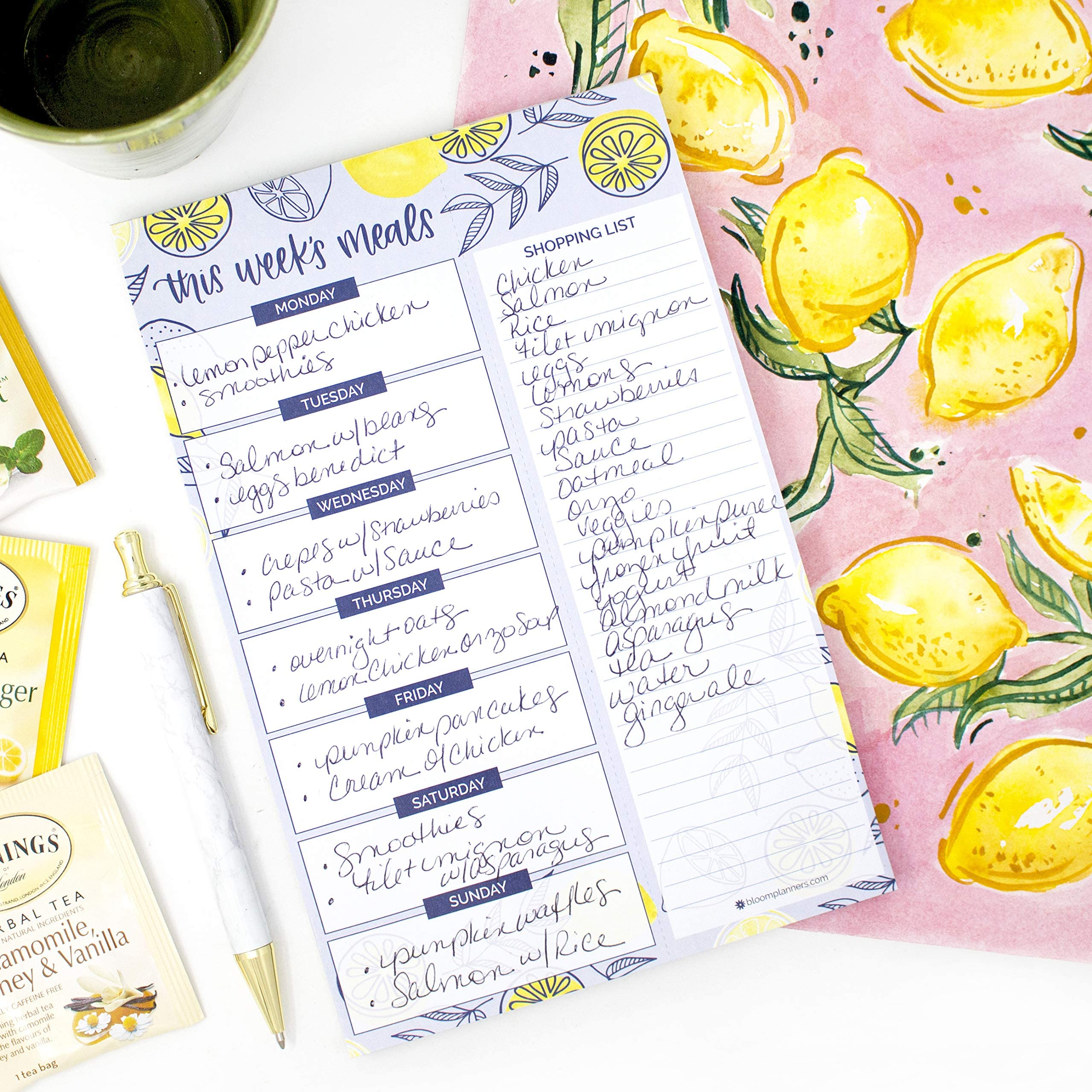 bloom daily planners Weekly Magnetic Meal Planning Pad for Fridge with Tear-Off Grocery Shopping List - Hanging Food/Menu Organizer Notepad with Magnets - 6” x 9" - Lemons