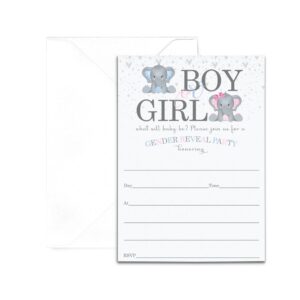 elephant gender reveal invitations with envelopes (25 pack) invites for baby shower party – pink and blue theme boy or girl – fill-in details on blank card set 5x7