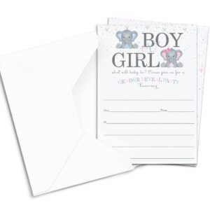 Elephant Gender Reveal Invitations with Envelopes (25 Pack) Invites for Baby Shower Party – Pink and Blue Theme Boy or Girl – Fill-In Details on Blank Card Set 5x7