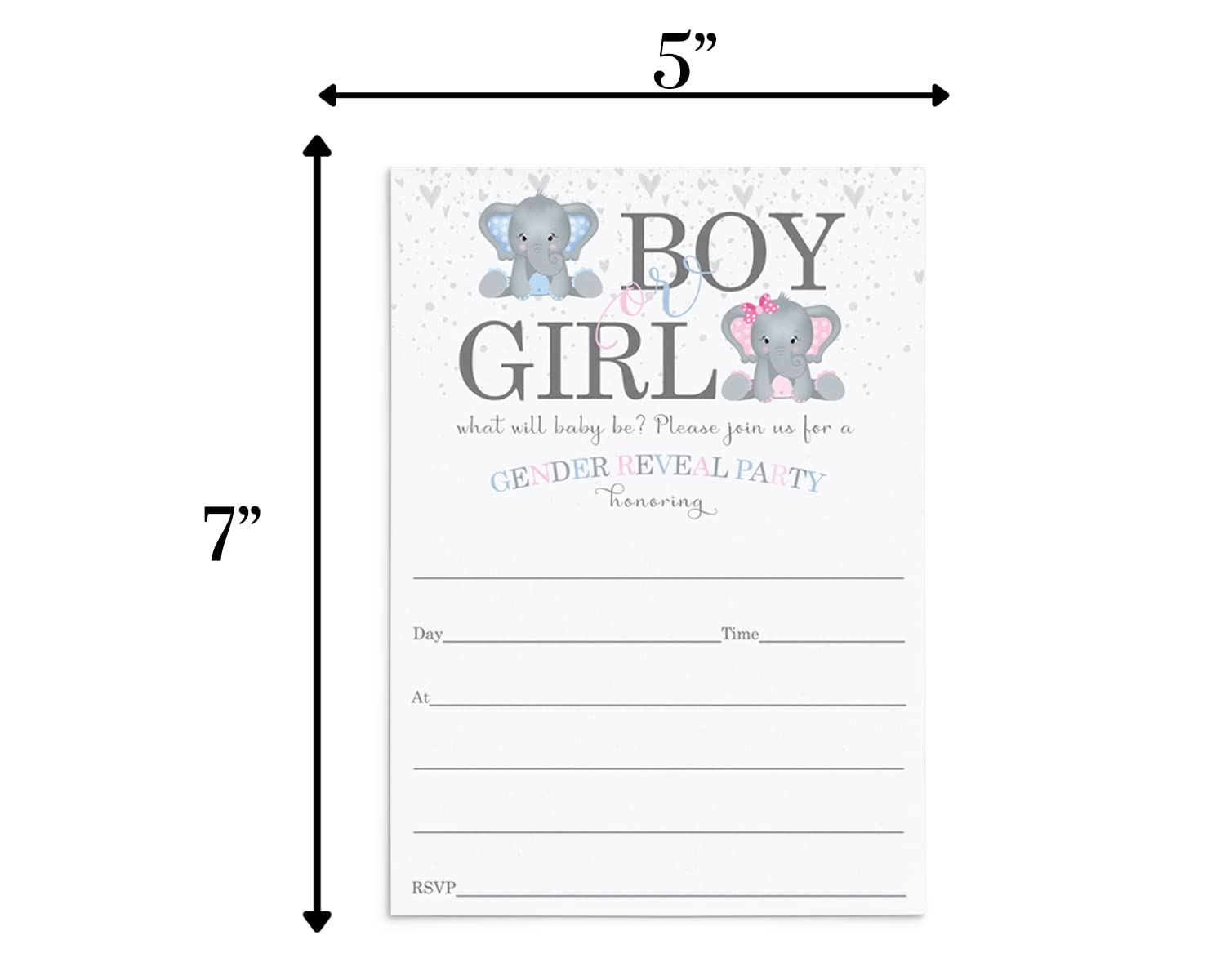 Elephant Gender Reveal Invitations with Envelopes (25 Pack) Invites for Baby Shower Party – Pink and Blue Theme Boy or Girl – Fill-In Details on Blank Card Set 5x7