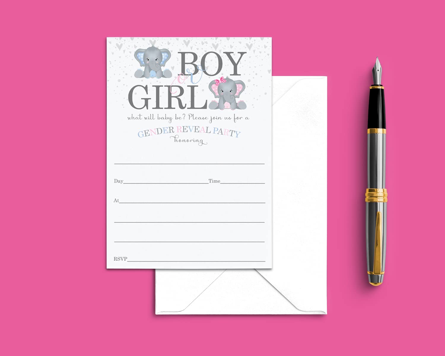 Elephant Gender Reveal Invitations with Envelopes (25 Pack) Invites for Baby Shower Party – Pink and Blue Theme Boy or Girl – Fill-In Details on Blank Card Set 5x7