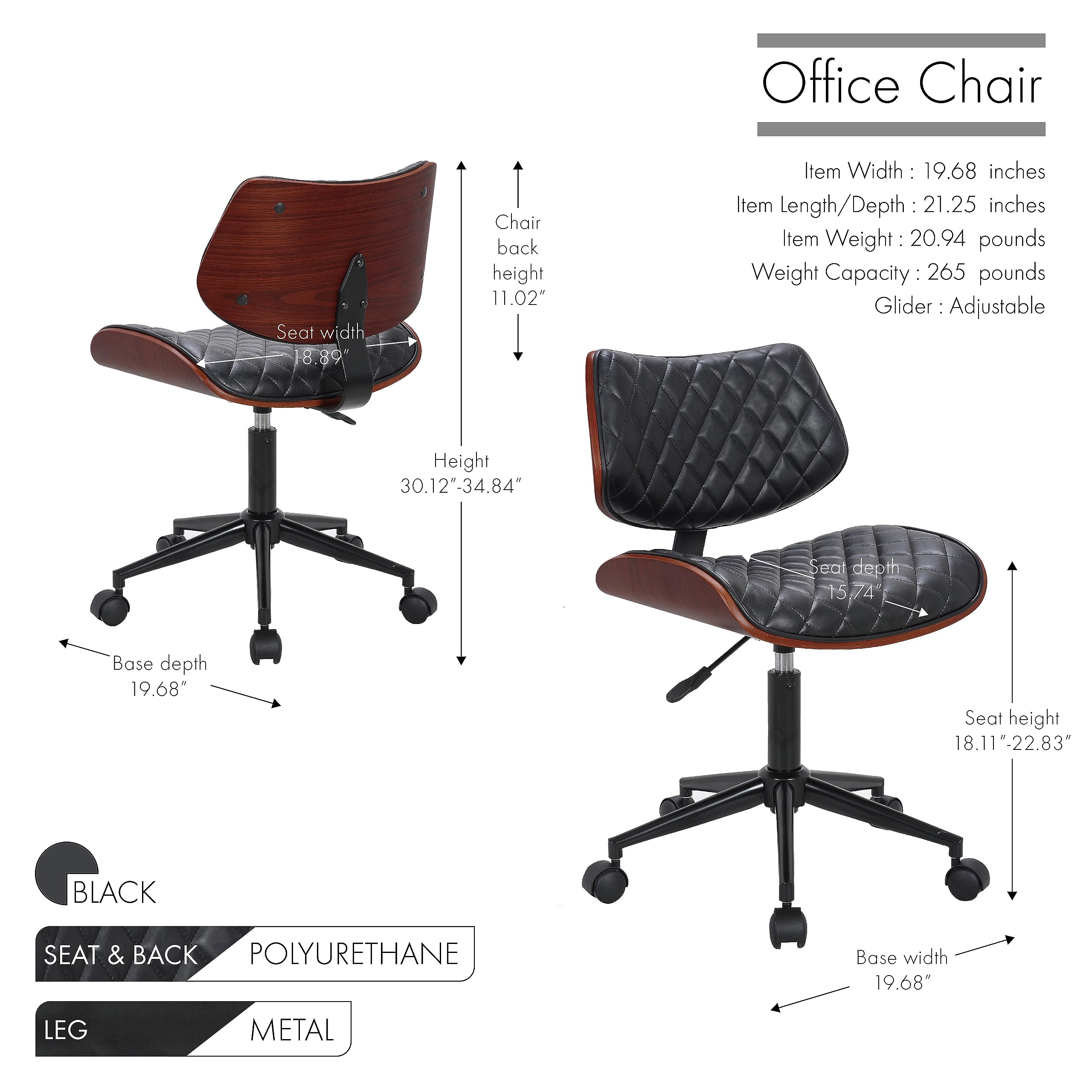 Porthos Home Zara Office Chair, Water and Stain Resistant PU Leather Upholstery, Awesome Bentwood Style Seat, 360 Degree Swivel, Height Adjustable, Dual Casters, Luxurious Modern Office Seating