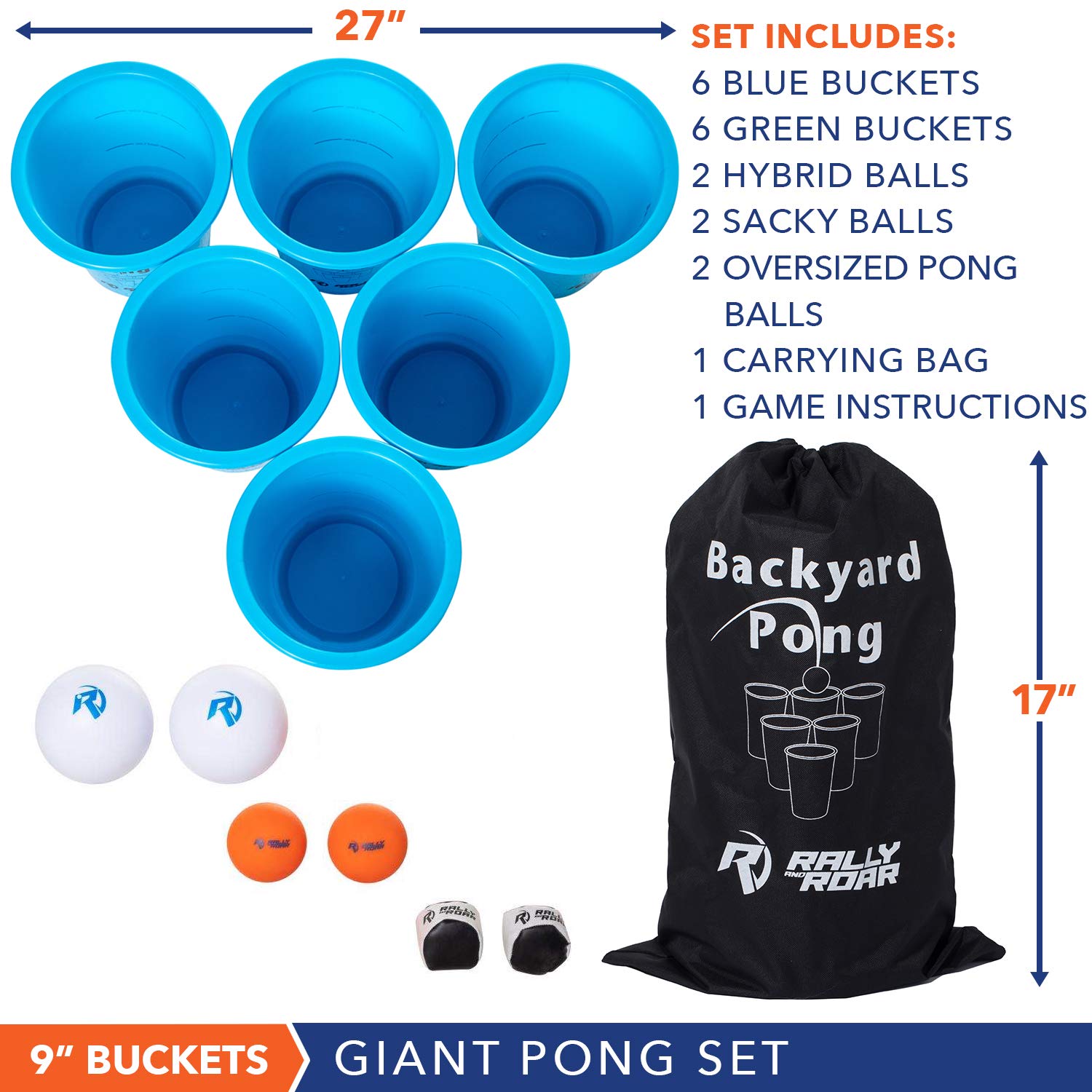 Rally and Roar Jumbo Premium Beer Pong Set - Includes 12 Durable 9" Tall Cups, 6 Balls, Carry Bag