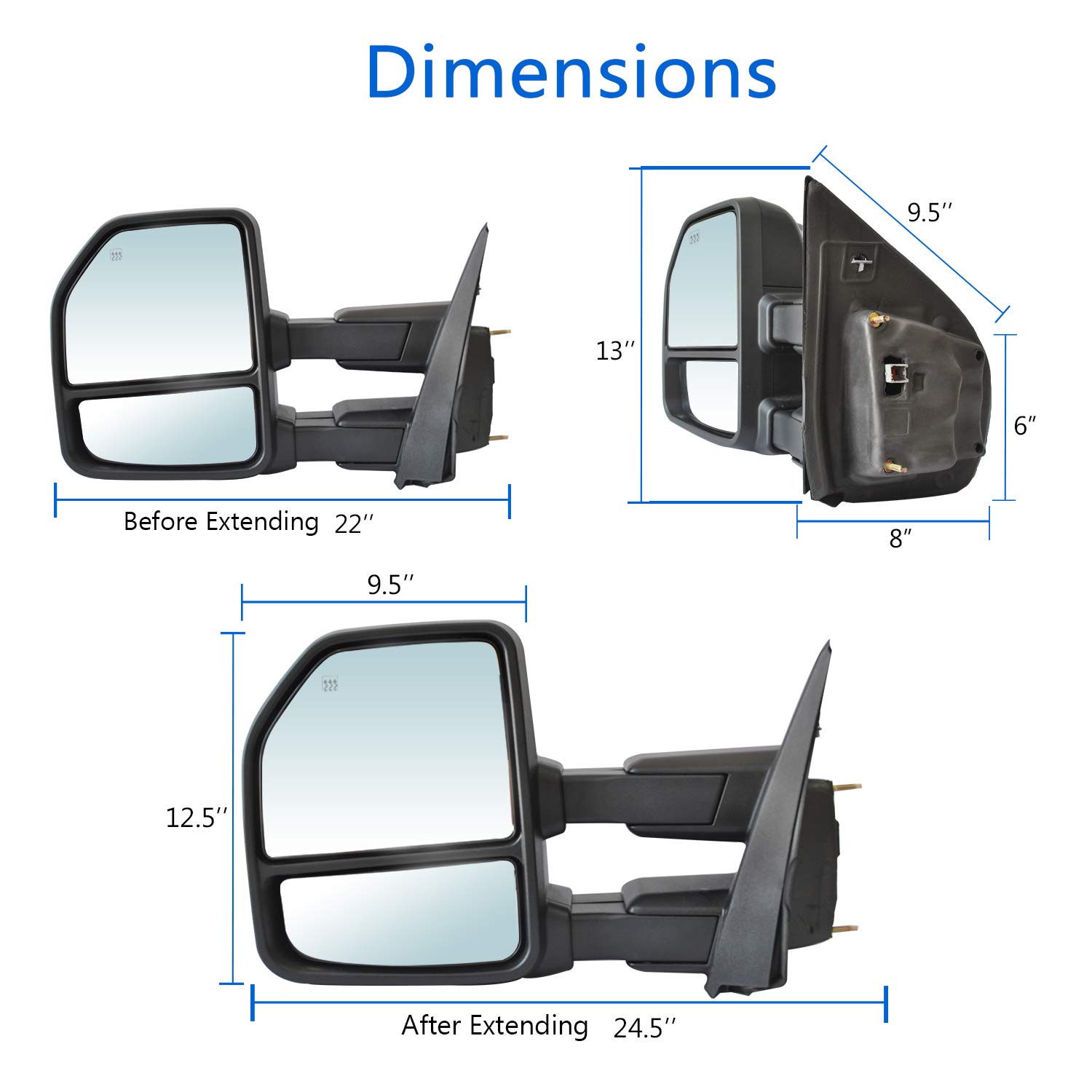 JZSUPER Towing Mirrors fit for Ford F150 Pickup Truck 2015 2016 2017 2018 2019 2020, Power Heated with Turn Signal Temperature Sensor- 8 Pin Plug