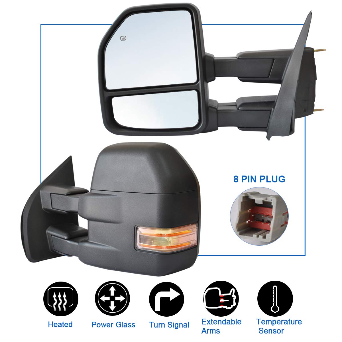 JZSUPER Towing Mirrors fit for Ford F150 Pickup Truck 2015 2016 2017 2018 2019 2020, Power Heated with Turn Signal Temperature Sensor- 8 Pin Plug