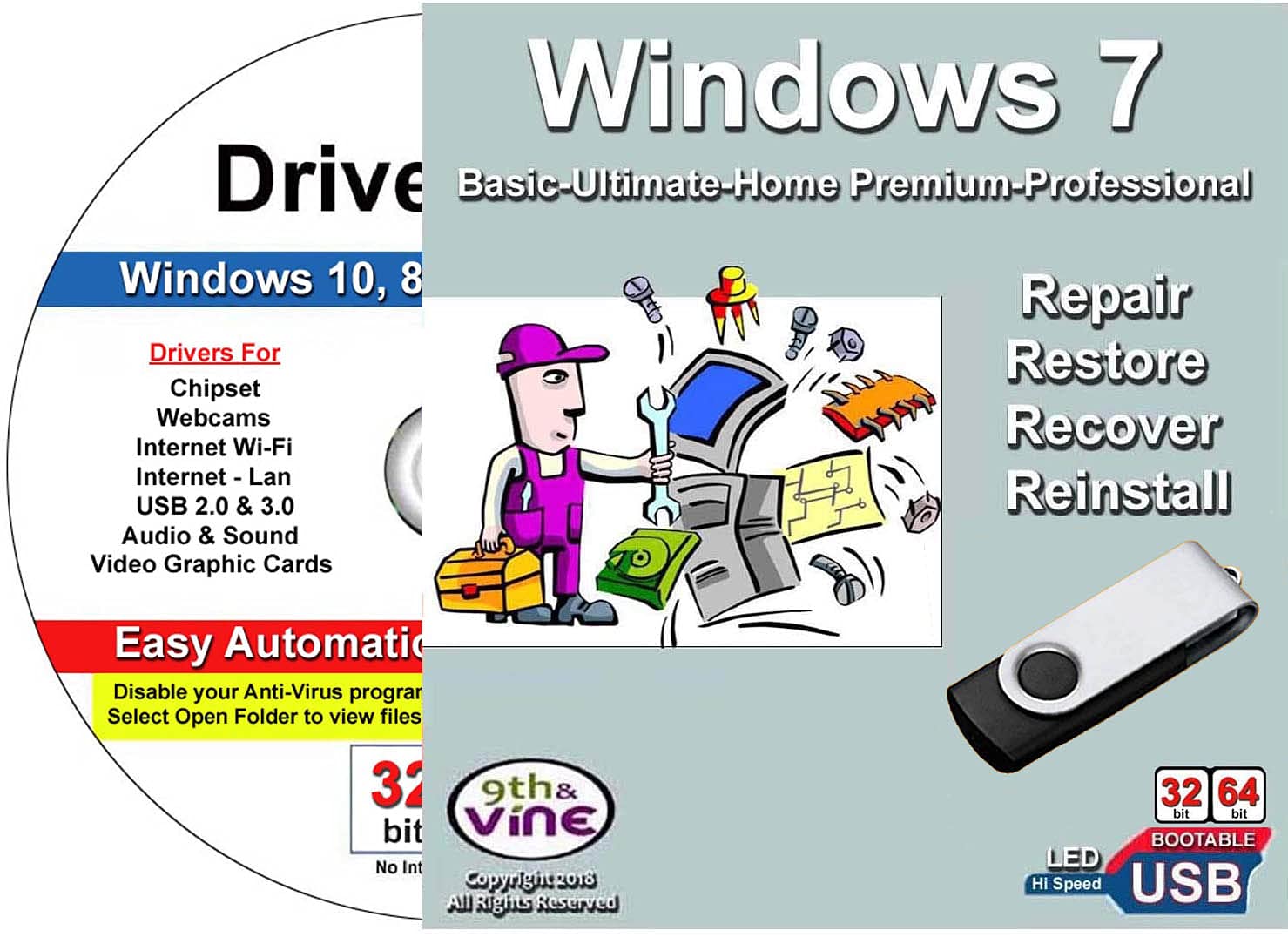 9th & Vine USB Compatible with Windows 7 32-64 bit All Versions Professional, Home Premium, Ultimate, Basic & 2019 Drivers. Install to Factory Fresh, Recover, Repair and Restore for Legacy Bios