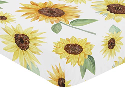 Sweet Jojo Designs Yellow, Green and White Sunflower Boho Floral Girl Baby or Toddler Nursery Fitted Crib Sheet - Farmhouse Watercolor Flower