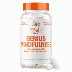 genius mindfulness supplement, nootropic cognitive brain booster enhances memory, focus & energy - natural calming supplement with ashwagandha, neurofactor, & blueberry extract - 30 veggie capsules