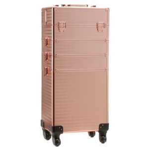 channcase 4 in 1 portable traveling aluminum professional makeup trolley cart with multiple-sized compartments and wheels, rose gold