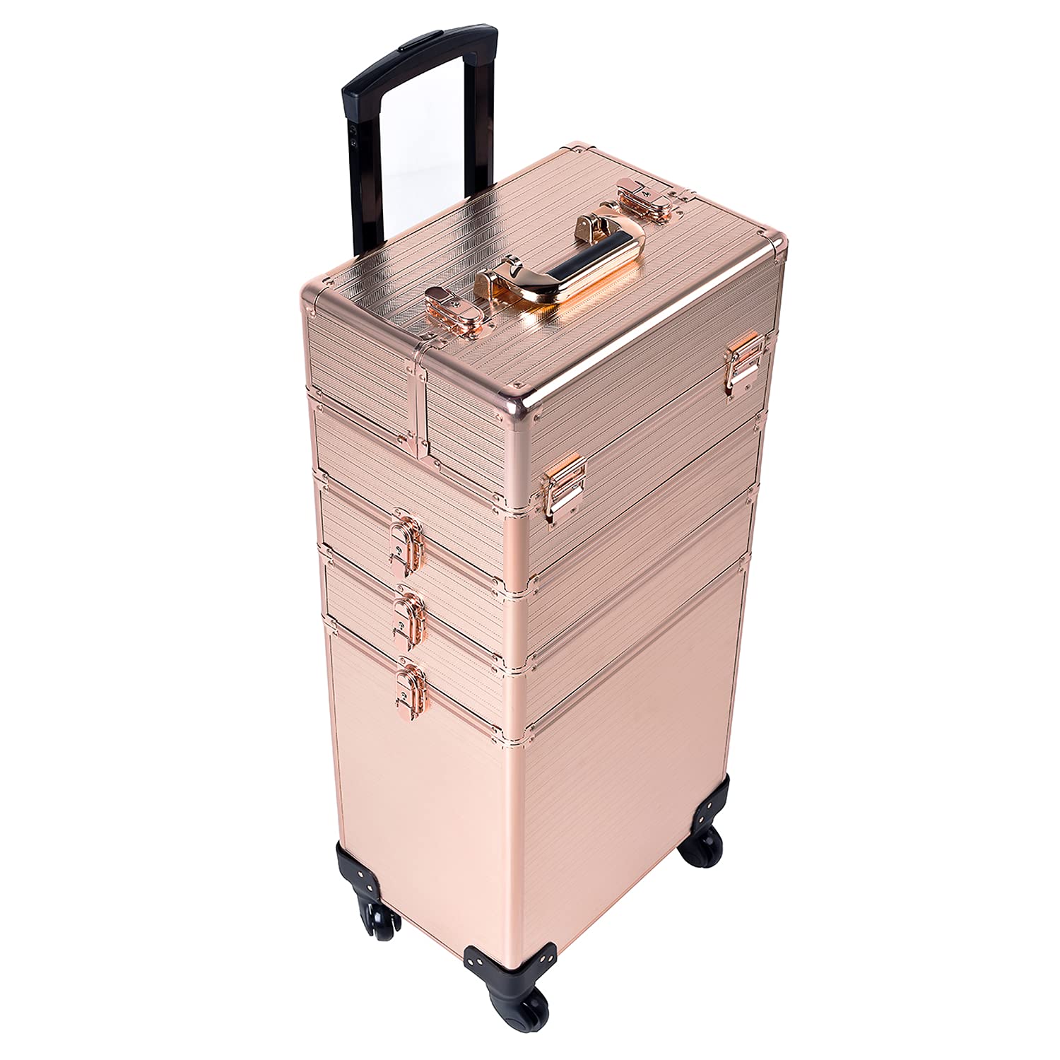 Channcase 4 in 1 Portable Traveling Aluminum Professional Makeup Trolley Cart with Multiple-Sized Compartments and Wheels, Rose Gold