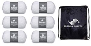 patons beehive baby sport solids angel white 246009-9005 (6-pack - same dye lot) dk light worsted #3 acrylic, nylon yarn for crocheting and knitting - bundle with 1 artsiga crafts project bag