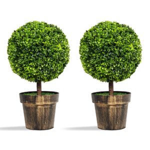 goplus 22" tall artificial boxwood topiary ball tree, 2 pack faux round shrubs bushes decoration, fake potted plants for front porch indoor outdoor home decor