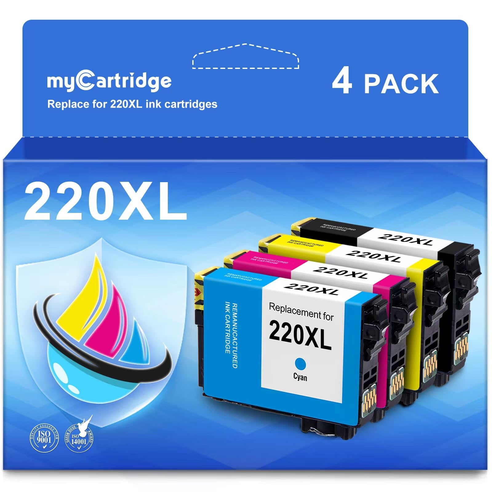 myCartridge Remanufactured Ink Cartridge Replacement for Epson 220 220XL 220 X-Large T220 Work with WF-2630 WF-2650 WF-2750 WF-2760 XP-320 XP-420 (Black, Cyan, Magenta, Yellow, 4-Pack)