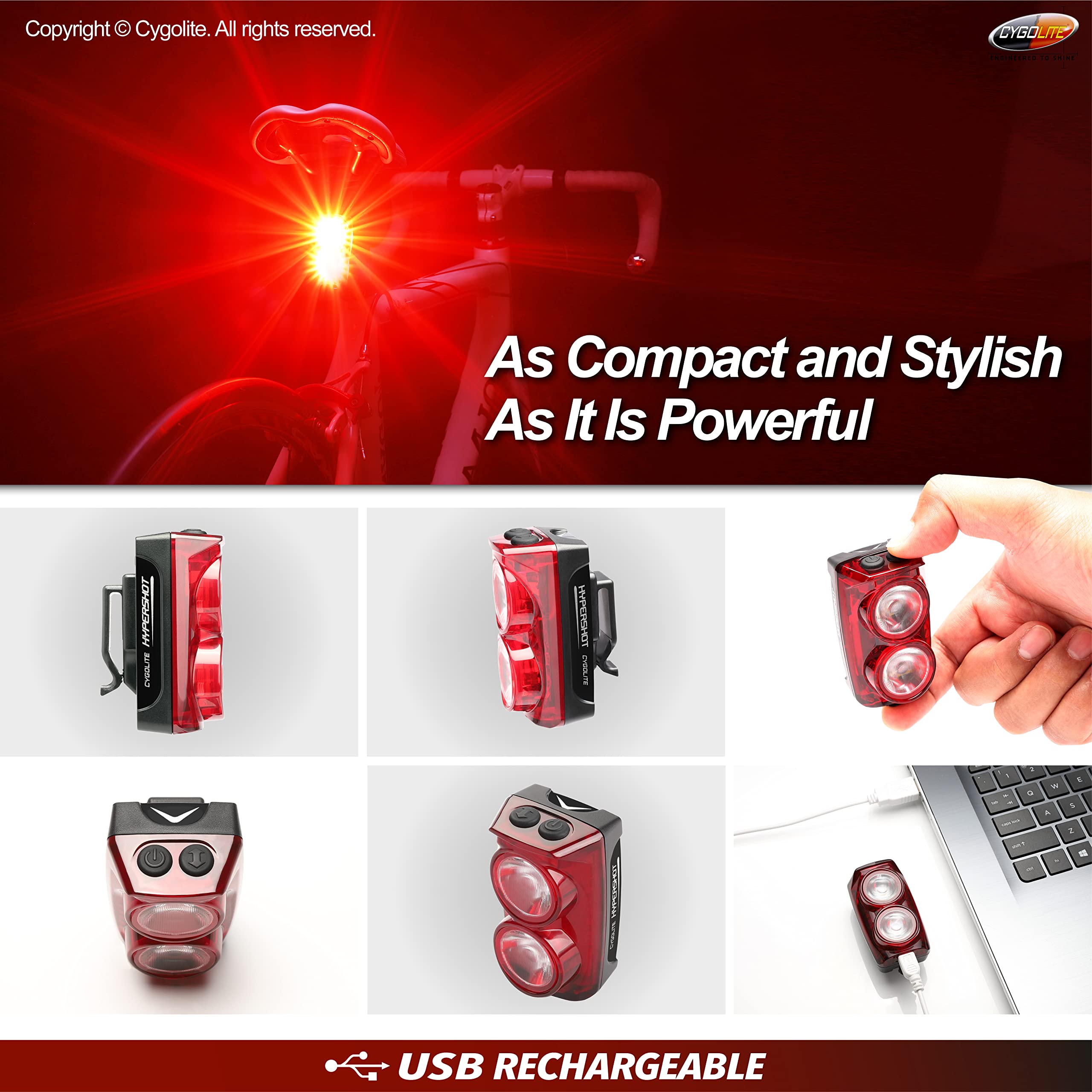 Cygolite Hypershot – 350 Lumen Bike Tail Light– 7 Night & Daytime Modes–User Adjustable Flash Speeds- Compact & Durable–IP64 Water Resistant–Secured Hard Mount–USB Rechargeable–Great for Busy Streets