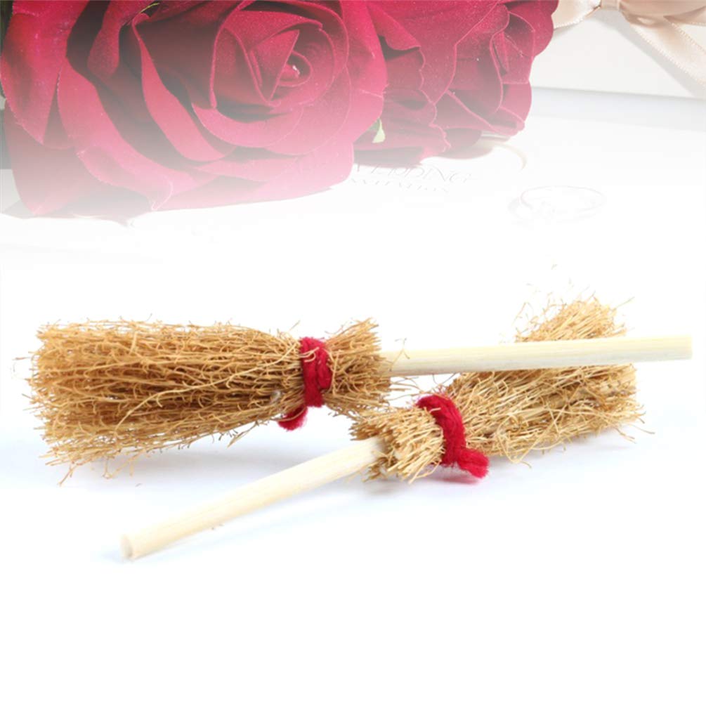 HEALLILY Mini Broom Straw Craft Decoration Artificial Brooms with Red Rope Witches Accessory for Halloween Party 10Pcs 9.54x4 x2cm