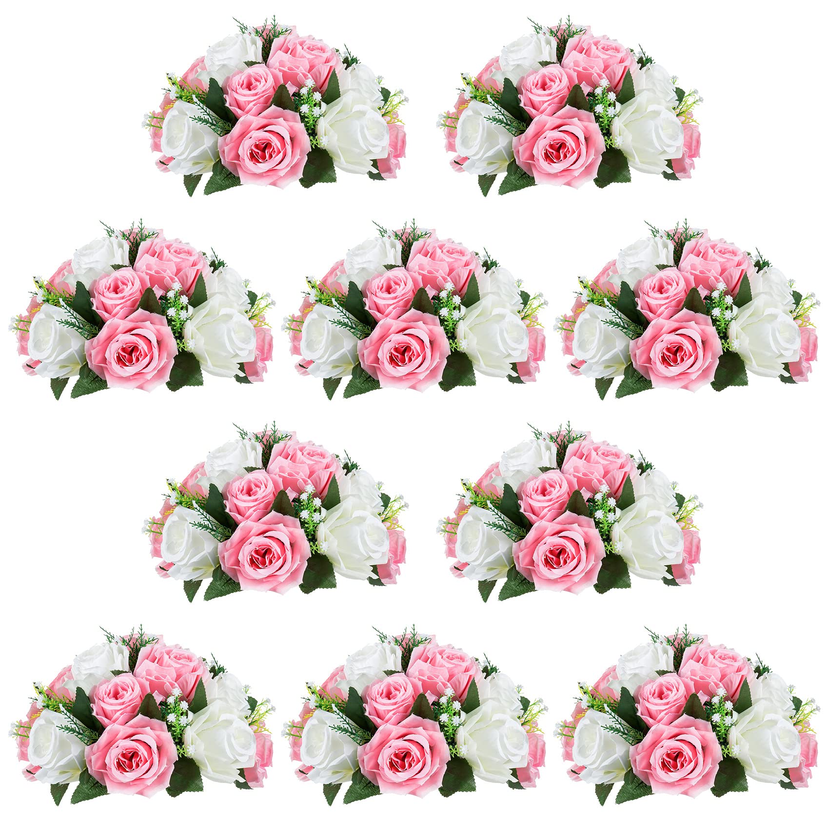 NUPTIO Pcs of 10 Fake Flower Ball Arrangement Bouquet,15 Heads Plastic Roses with Base, Suitable for Our Store's Wedding Centerpiece Flower Rack for Parties Valentine's Day Home Décor (Pink & White)