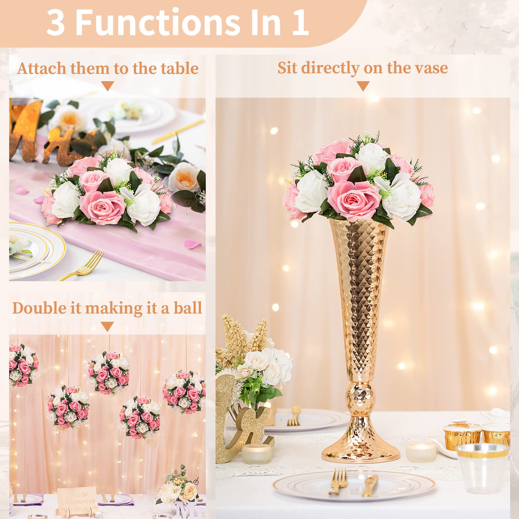 NUPTIO Pcs of 10 Fake Flower Ball Arrangement Bouquet,15 Heads Plastic Roses with Base, Suitable for Our Store's Wedding Centerpiece Flower Rack for Parties Valentine's Day Home Décor (Pink & White)