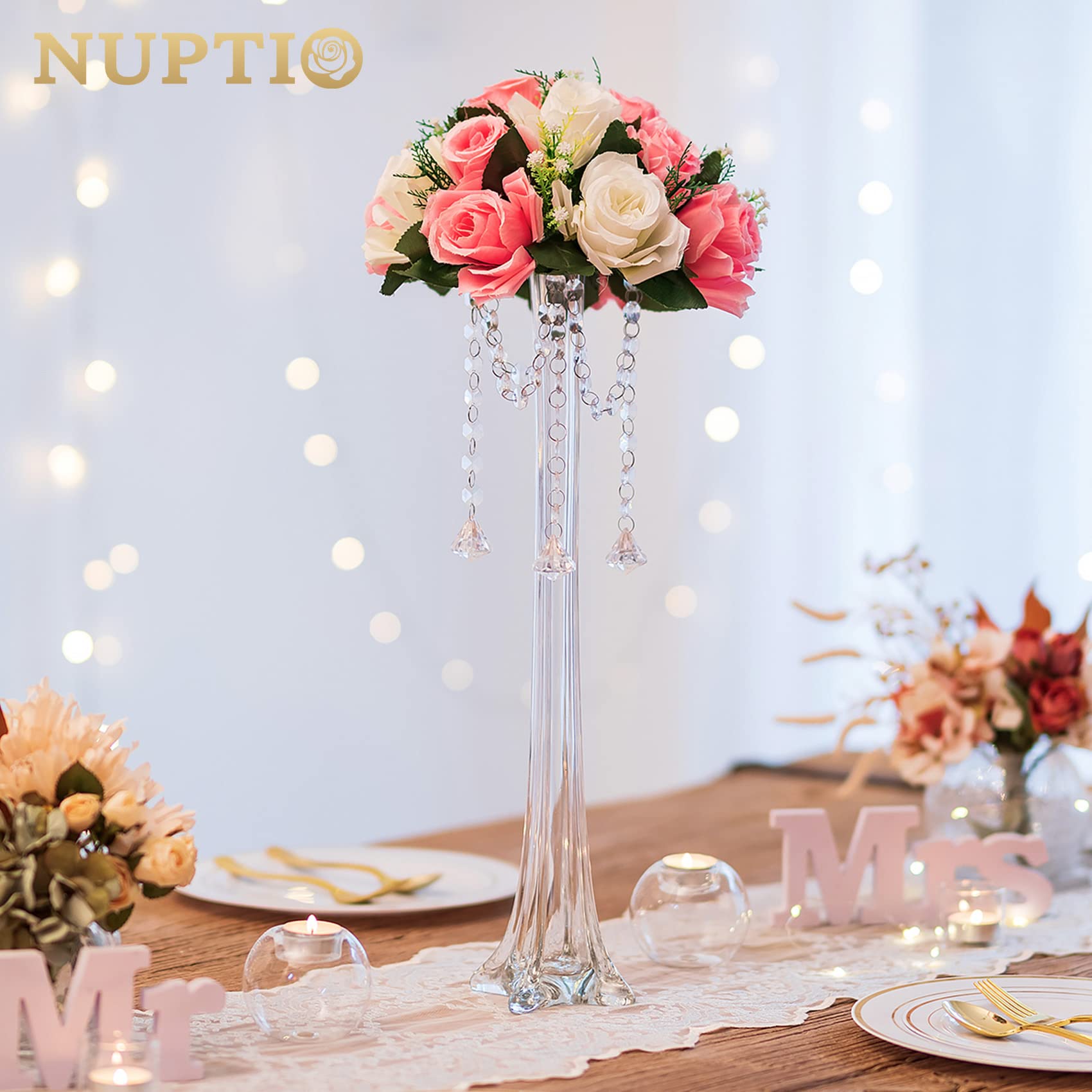 NUPTIO Pcs of 10 Fake Flower Ball Arrangement Bouquet,15 Heads Plastic Roses with Base, Suitable for Our Store's Wedding Centerpiece Flower Rack for Parties Valentine's Day Home Décor (Pink & White)