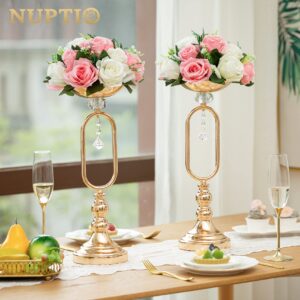 NUPTIO Pcs of 10 Fake Flower Ball Arrangement Bouquet,15 Heads Plastic Roses with Base, Suitable for Our Store's Wedding Centerpiece Flower Rack for Parties Valentine's Day Home Décor (Pink & White)