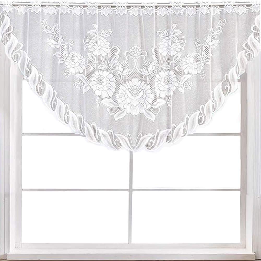 WUBODTI White Lace Swag Valance Curtains for Living Room Kitchen Windows, Sheer Embroidery Floral Window Valances Hollow Knitted Scalloped Curtain for Dinning Room Cafe, 63" Wx24 H