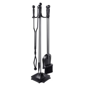 wbhome fireplace tools set 5 pieces wrought iron fireset fire pit poker wood stove log tongs holder fireplace tool set with pedestal place, 32 inch (black all)