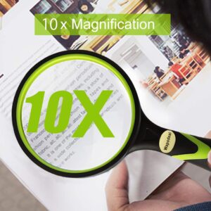 Wapodeai Magnifying Glasses, Magnifying Glass 10X Handheld Reading Magnifier for Seniors & Kids, 75mm Large Magnifying Lens with Non-Slip Rubber Handle for Reading and Hobbies.