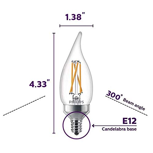 Philips LED Flicker-Free Dimmable BA11 Glass Light Bulb, 300 Lumen, Soft White Light (2700K), 3.3W=40W, 90 CRI, E12 Base, Title 20 Certified, 12-Pack