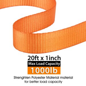 Tie-Down Cam Straps, JCHL Ratchet Tie Down Straps 1" x20' Lashing Straps Cargo Tie Down Strap Polyester Webbing Coated S-Hooks Cambuckle Metal Buckles 1000lbs Capacity Securing Straps (Pack of 4)