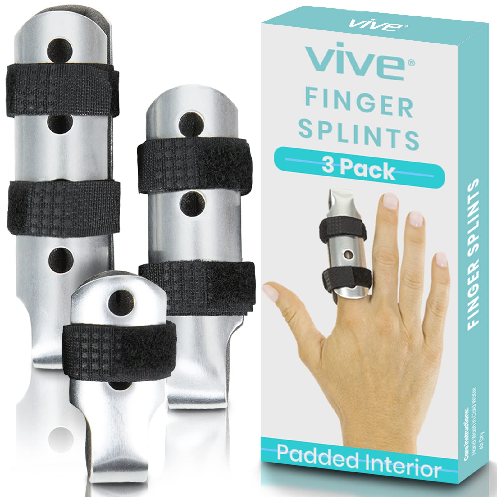 Vive Finger Splints - Mallet Brace For Trigger, Middle, Pinky, Ring, Dislocated Thumb Support - Metal Aluminum Immobilizer with Foam (3 Count (Pack of 1))