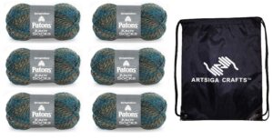 patons kroy socks fx cascade 243457-57210 (6-pack - same dye lot) weight #1 acrylic yarn for crocheting and knitting - bundle with 1 artsiga crafts project bag